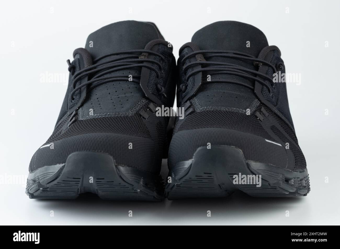 Front view of pair black sport shoes isolated on white studio ...