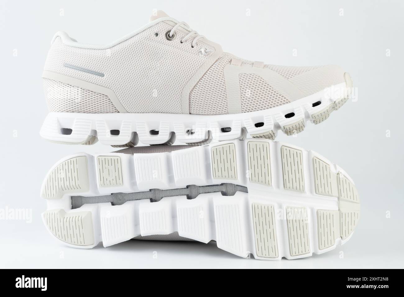 Textile clothing white sport shoes side view with sole isolated Stock ...