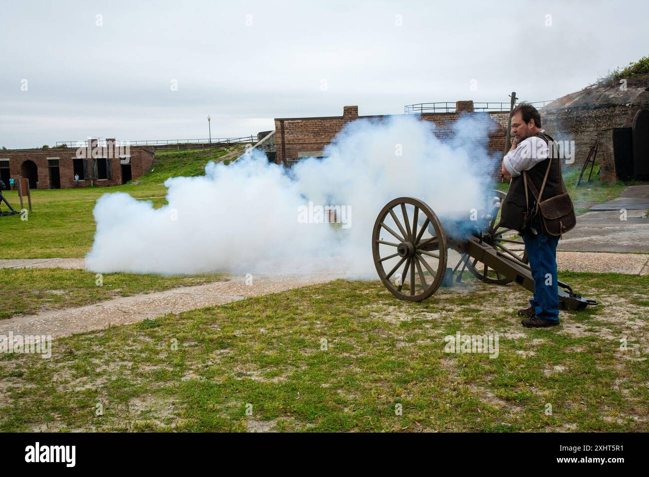 Black powder blank load in Civil War cannon produces a cloud of smoke ...