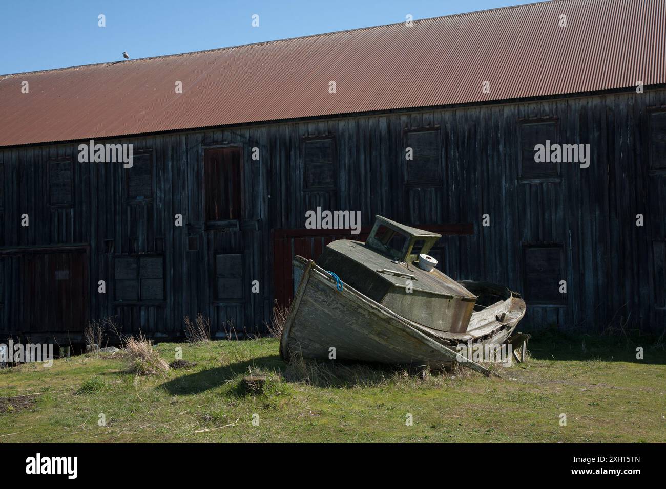 Derelict boat, possibly a purse seine skiff abandoned when the ...