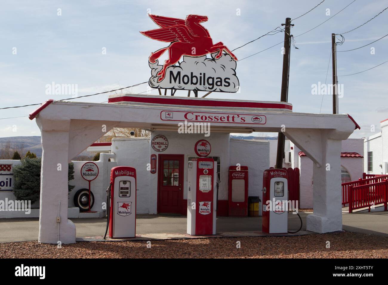 Red Horse Diner in restored Crosset's Mobilgas Service station. Pump hi ...