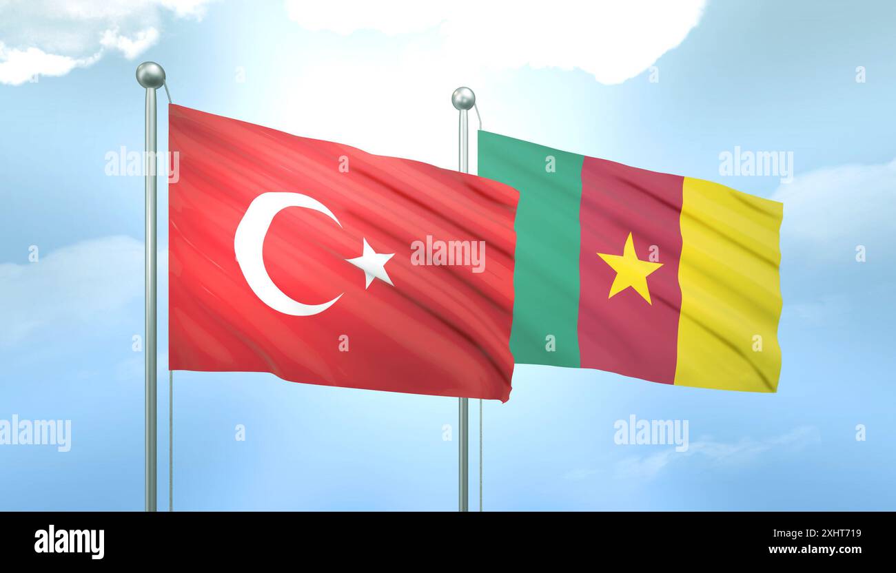 3D Flag of Turkey and Cameroon on Blue Sky with Sun Shine Stock Photo ...