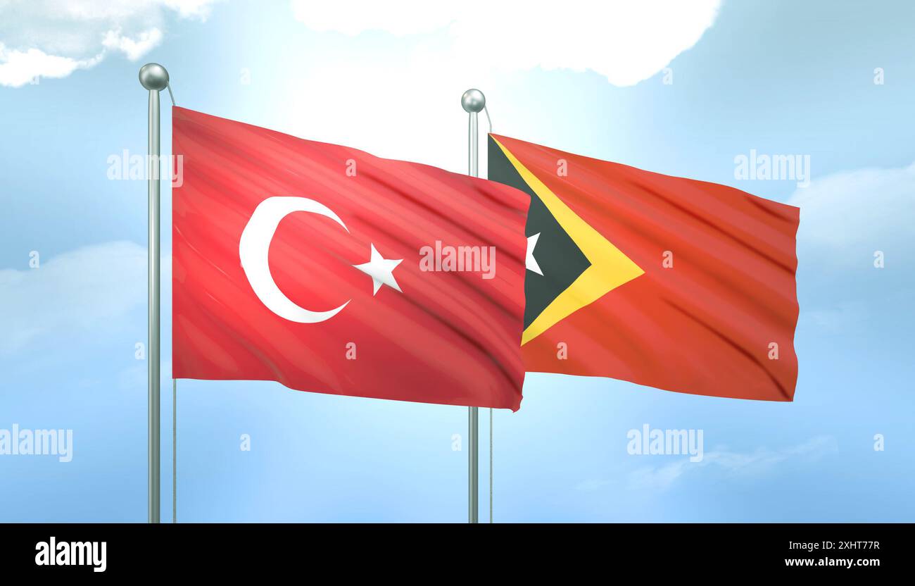 3D Flag of Turkey and East Timor Leste on Blue Sky with Sun Shine Stock ...