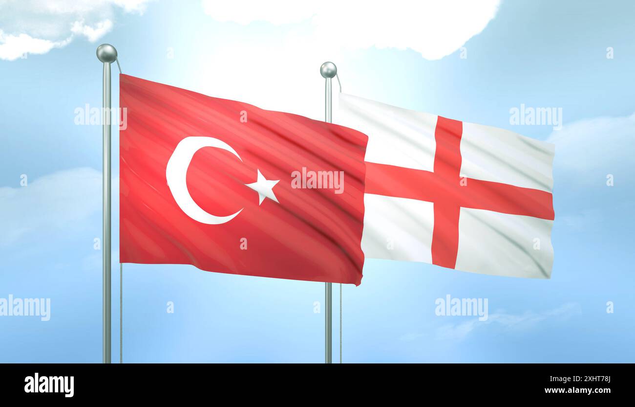 3D Flag of Turkey and England on Blue Sky with Sun Shine Stock Photo ...