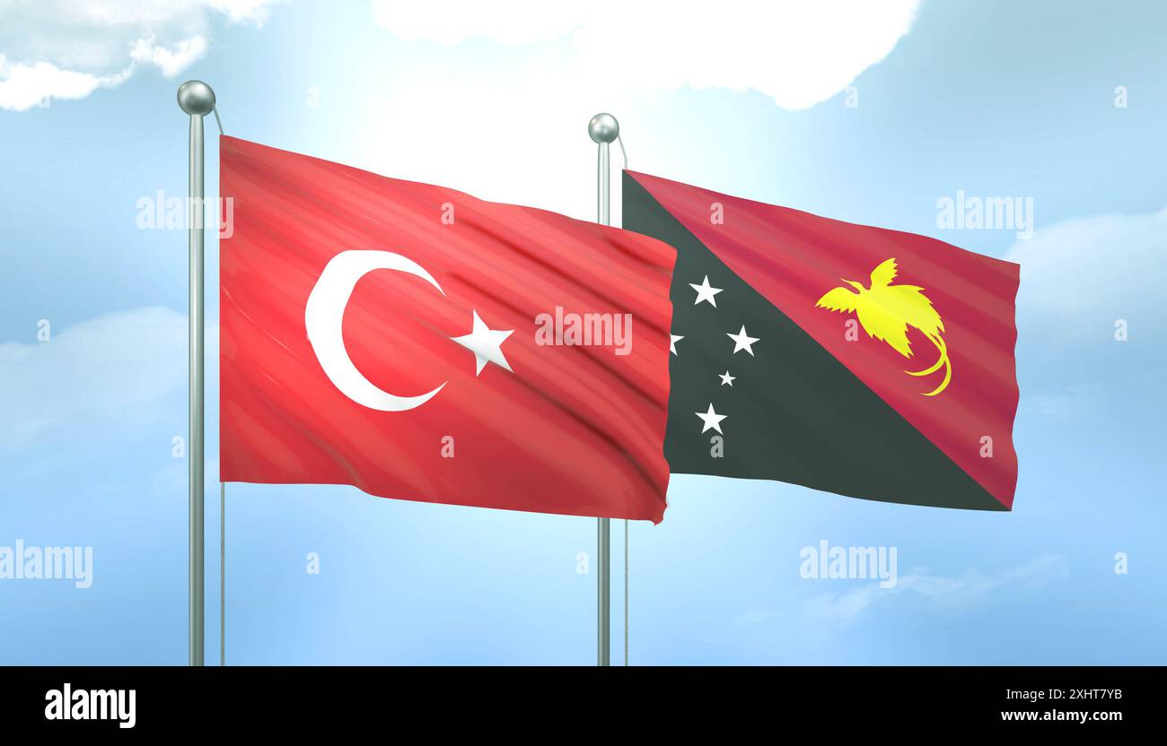 3D Flag of Turkey and Papua New Guinea on Blue Sky with Sun Shine Stock ...