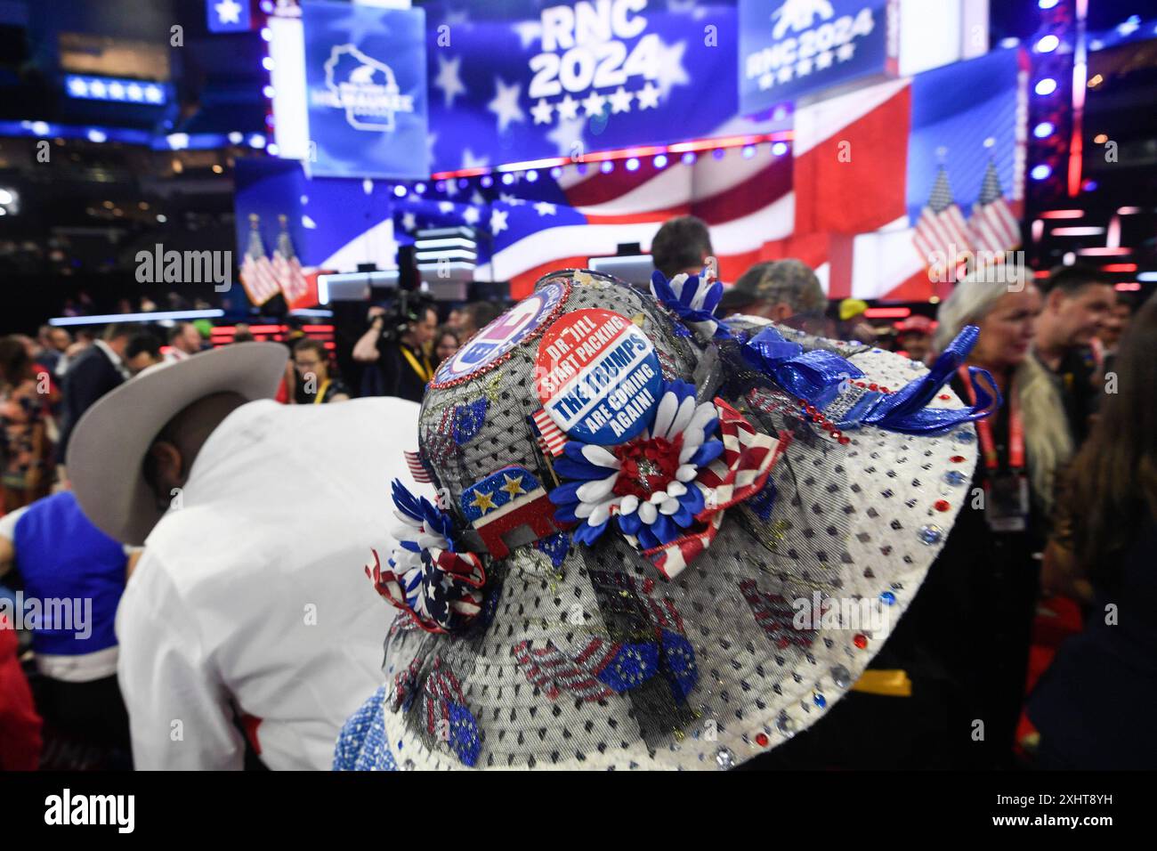 Milwaukee, United States. 15th July, 2024. A delegate's hat is covered ...