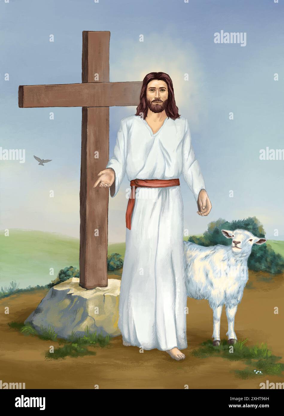 A cross stands tall behind Jesus Christ, with a sheep following and ...