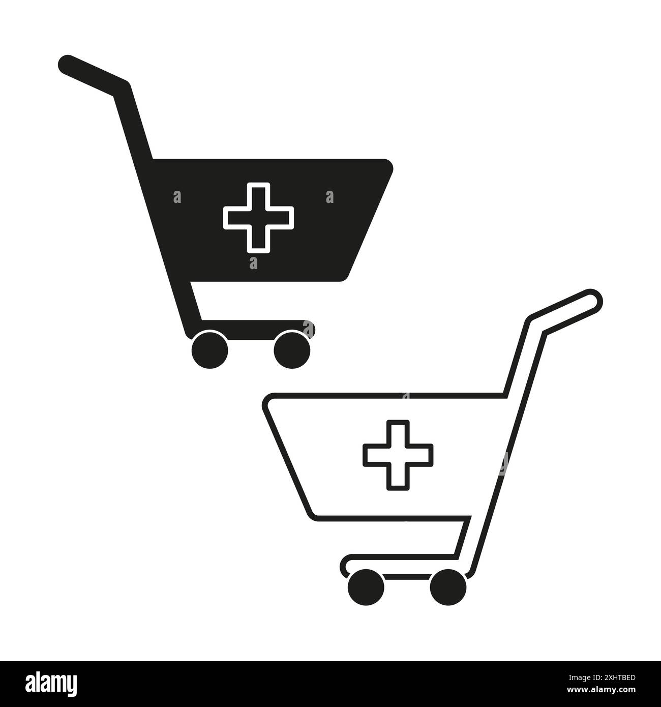Medical cart icons. Shopping cart symbol. Health care cross. Black ...