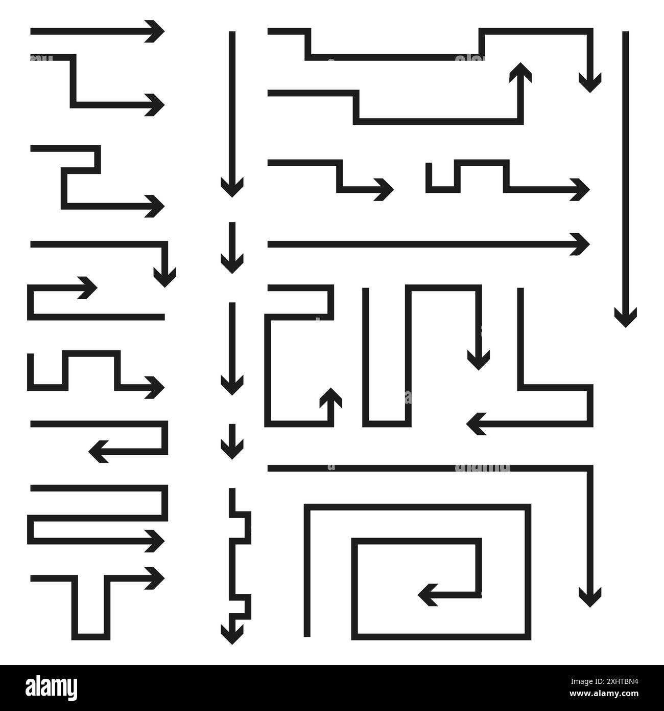Maze arrow icons. Directional path designs. Black line symbols. Vector ...