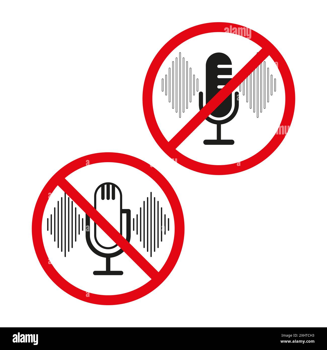 Mute microphone icons. Sound wave symbols. Red prohibition signs ...