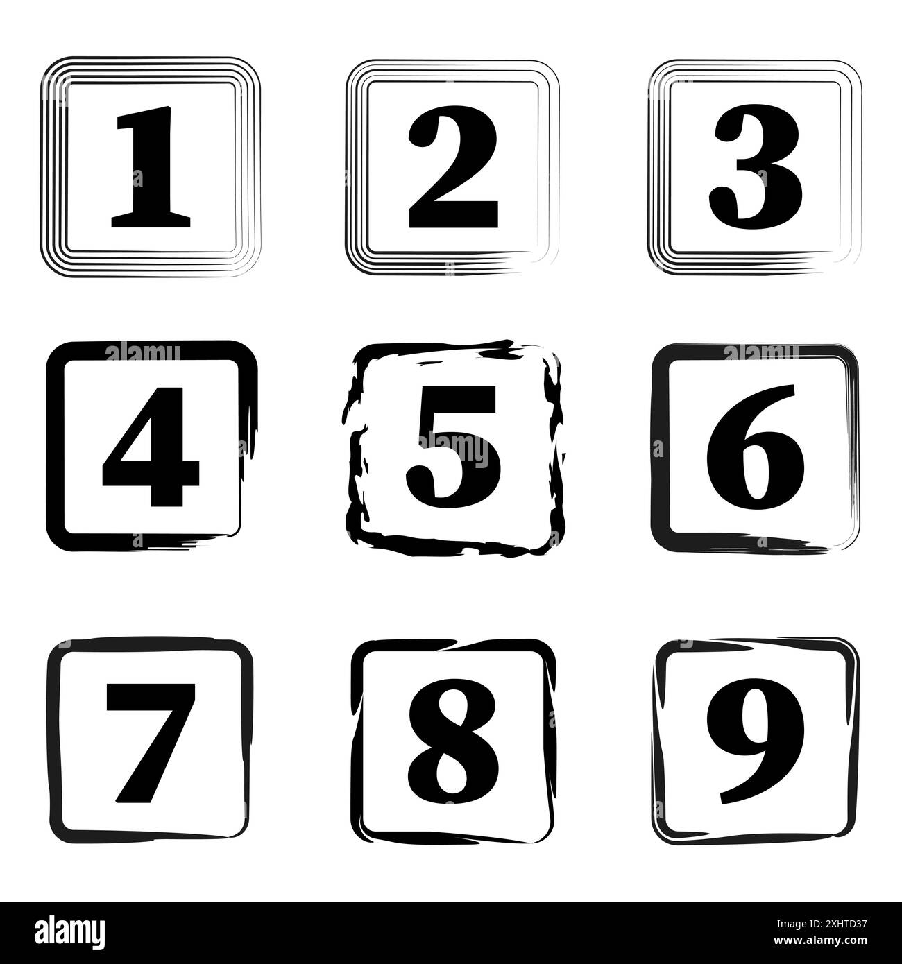 Number icon set. Black numbers. Grunge borders. Vector illustration ...