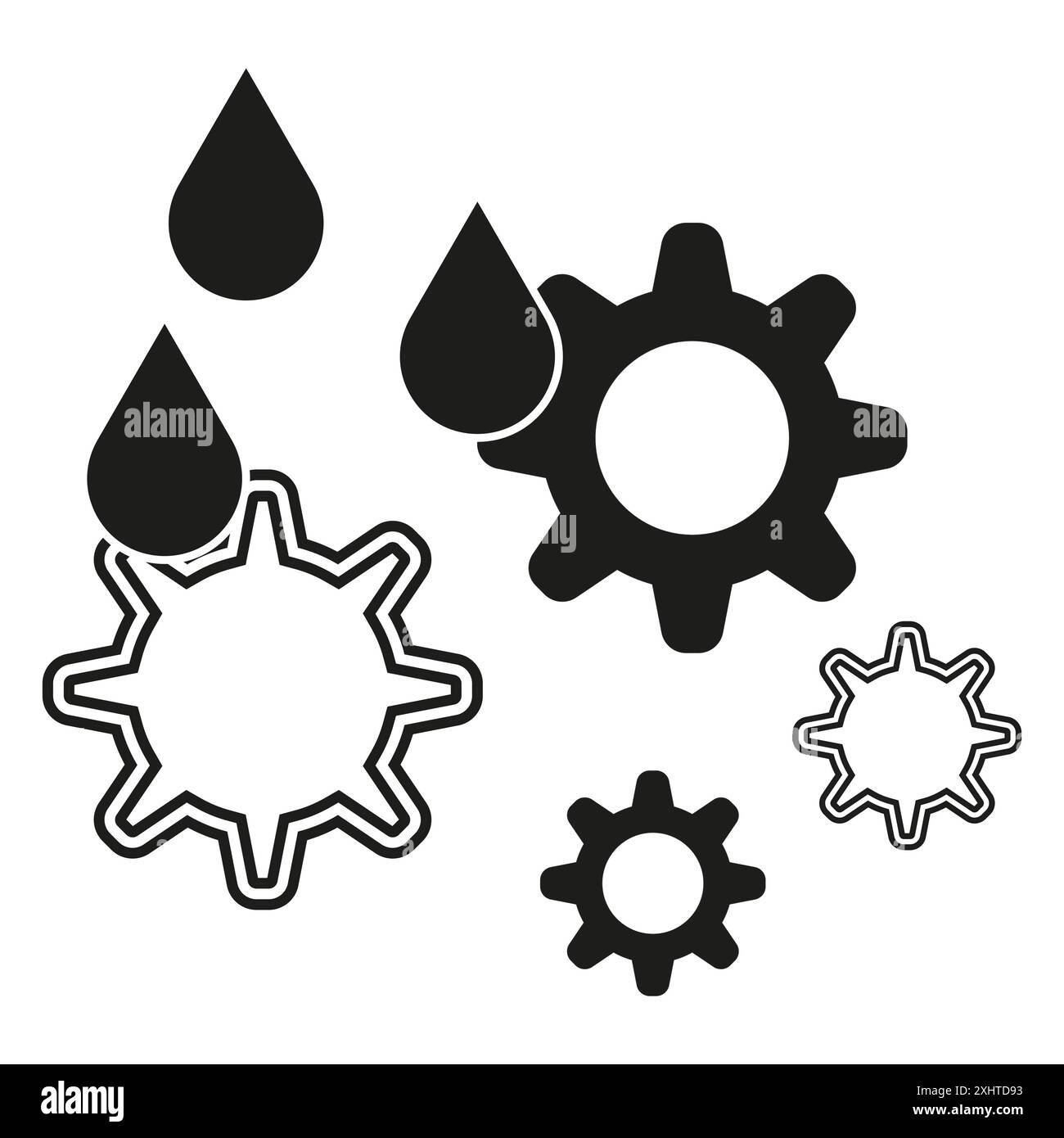Gear and drop icons. Black and white vector. Industrial mechanism ...