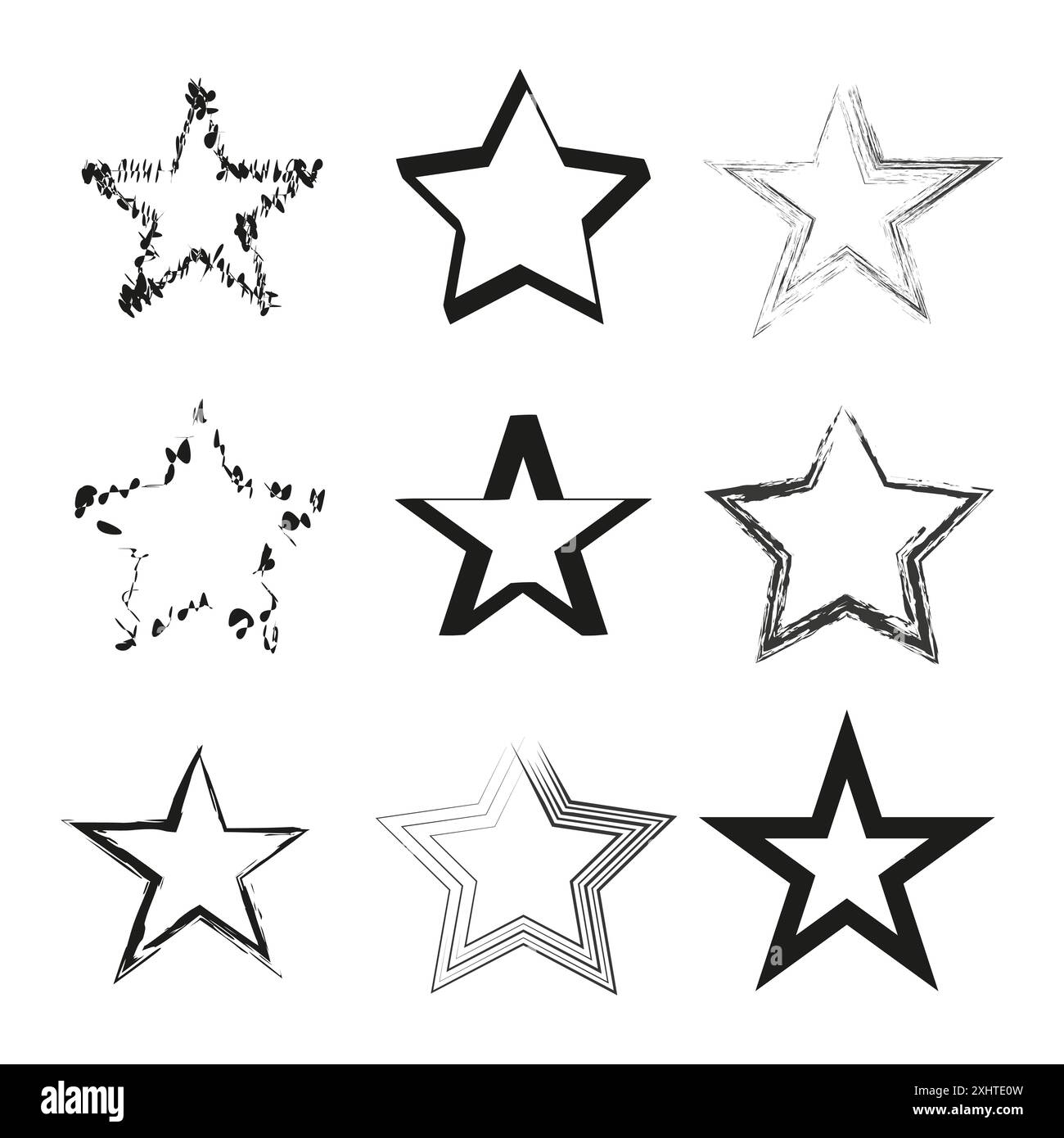 Various star icons. Black and white vector. Different styles collection. Simple and textured ...