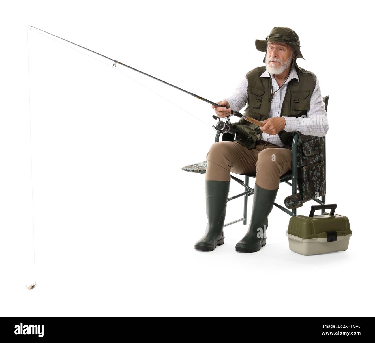 Fisherman with rod and tackle box on chair against white background ...