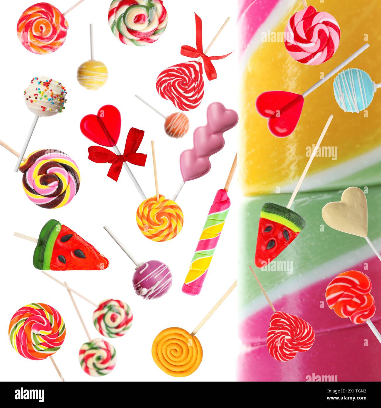 Many different sweets in air on white background Stock Photo - Alamy