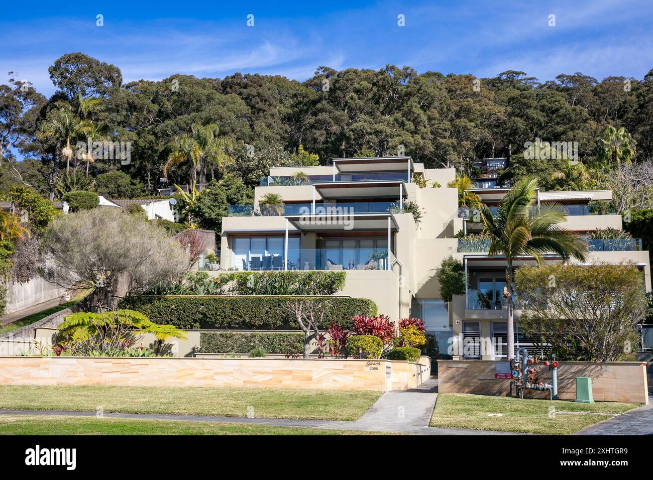 Residential apartments and gardens in the Sydney suburb of Bayview on Sydney northern beaches ...