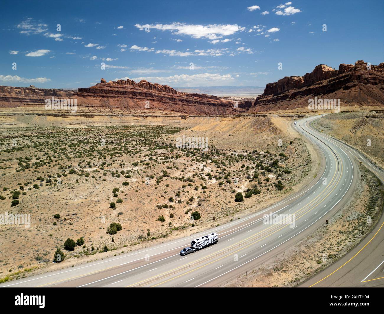 Fifth wheel RV on interstate 70 among the dramatic desert rock ...