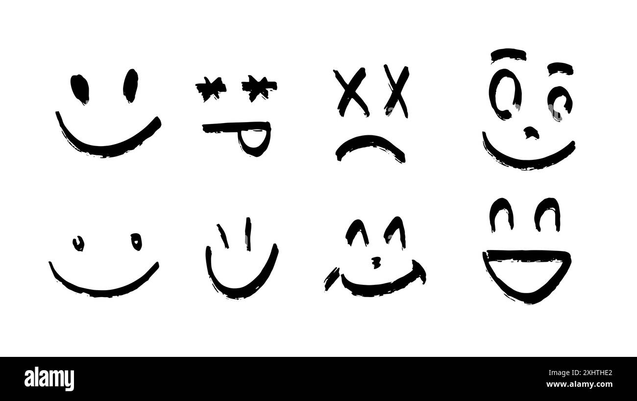 Simple Faces. Vector Happy Doodle Smile, cartoon emoticons set on White ...