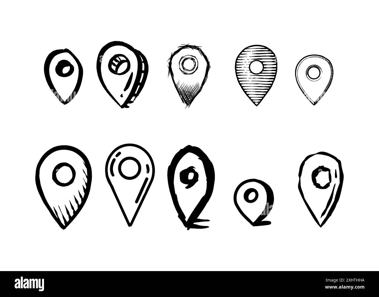 Hand drawn Map pins, doodle navigation, sign location. Set isolated on white background Stock ...