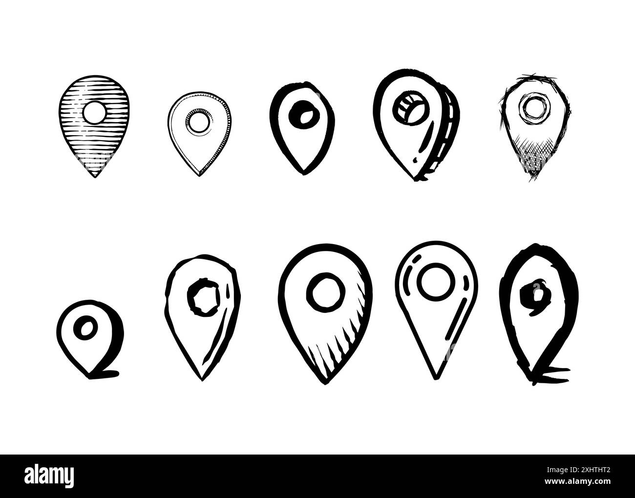 Hand drawn Map pins, doodle navigation, sign location. Set isolated on white background Stock ...