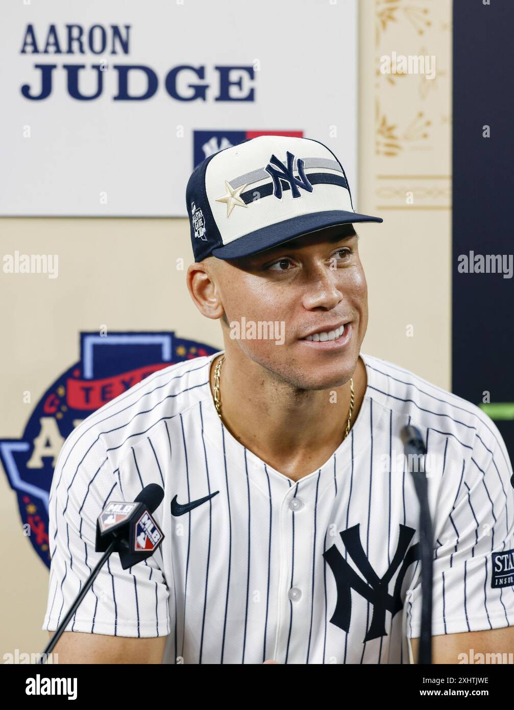 Arlington, Texas, on July 15, 2024, New York Yankees slugger Aaron Judge meets the press in ...