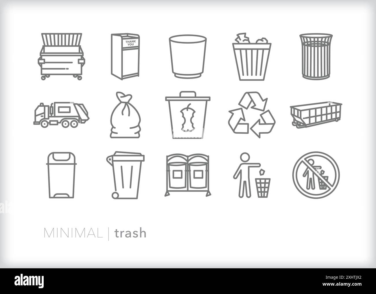Set of trash, garbage, recycling, rubbish, and landfill line icons for disposal of unwanted ...
