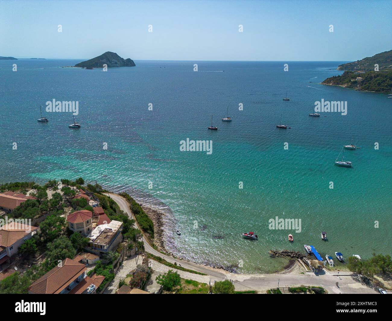 Aerial panoramic view over Keri beach in Zakynthos island in Greece ...