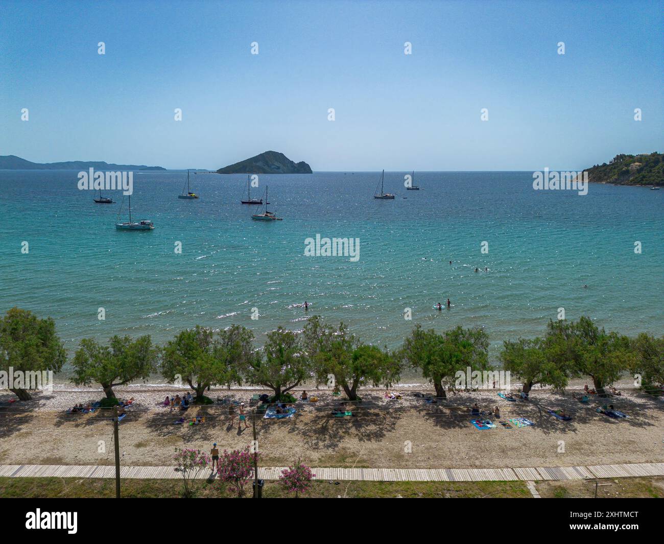 Aerial panoramic view over Keri beach in Zakynthos island in Greece ...