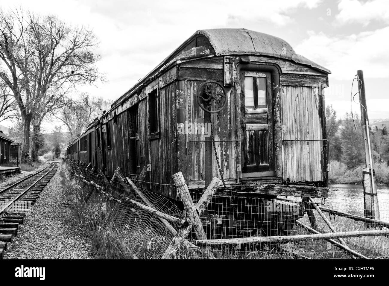 The old train compartment is still on the railroad track. Rusted and ...