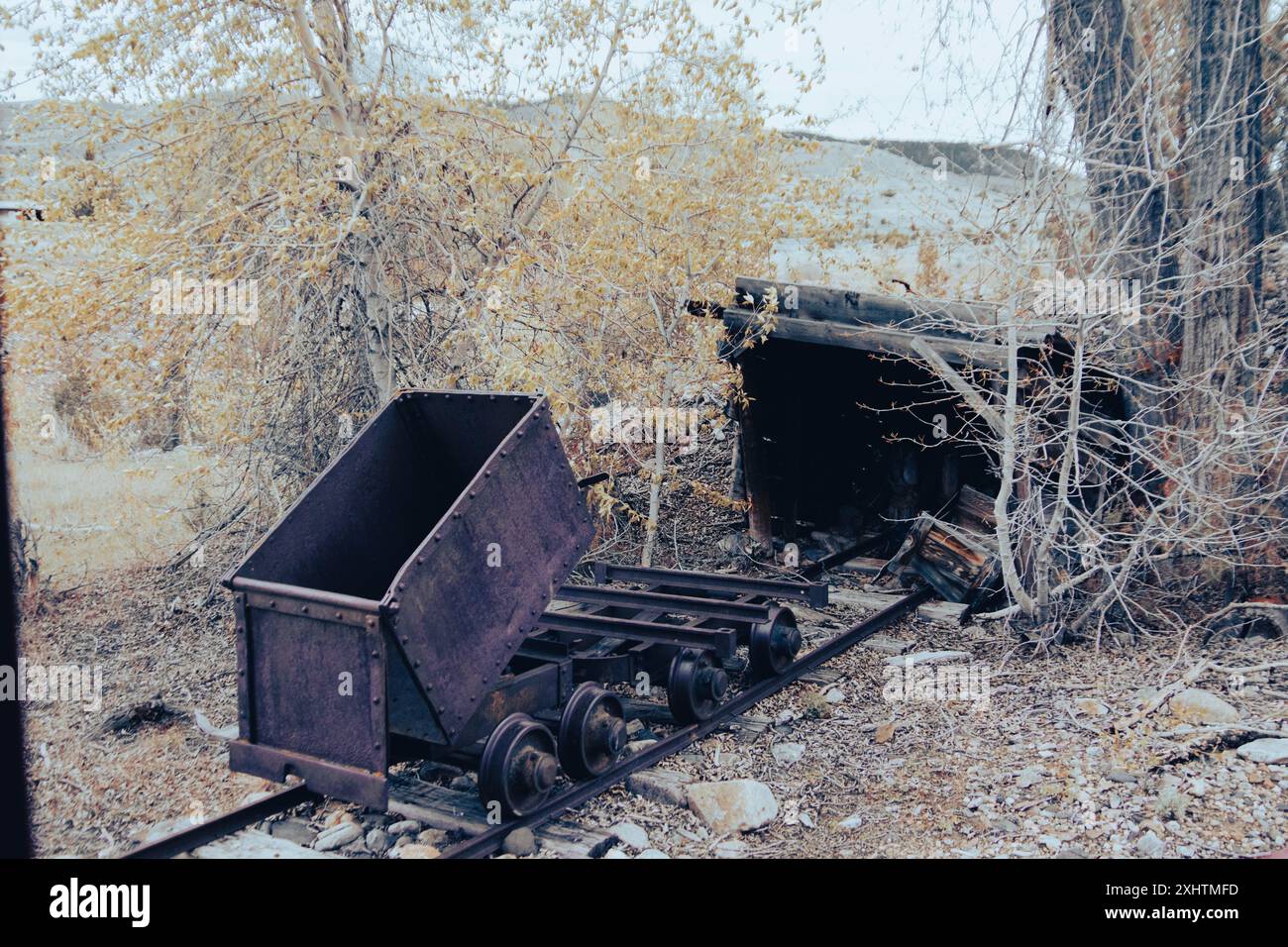 Old mining shaft and metal cart are still on the track Stock Photo - Alamy