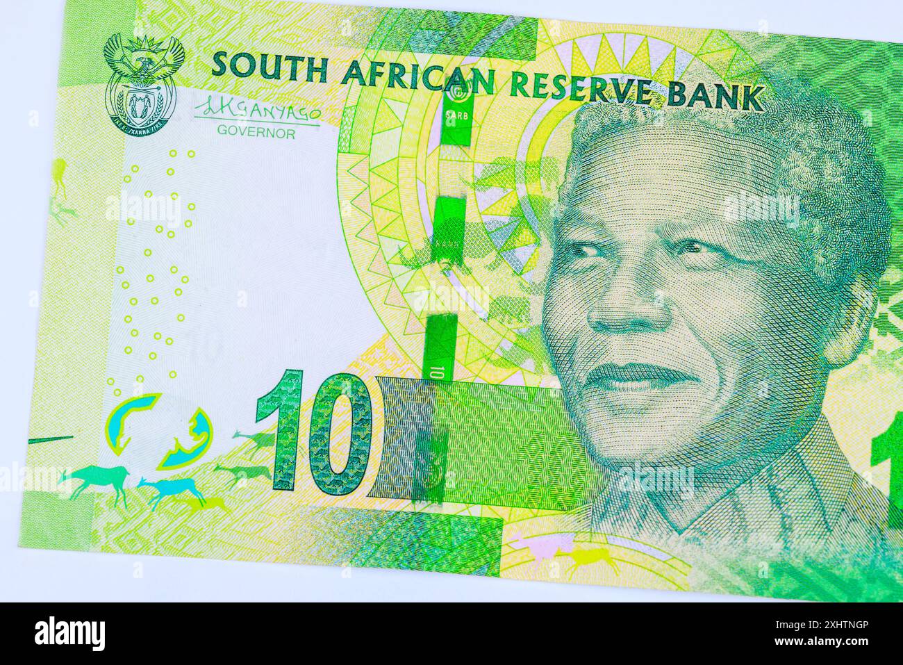 South African Nelson Rolihlahla Mandela portrait 10 Rand is national currency of country it ...