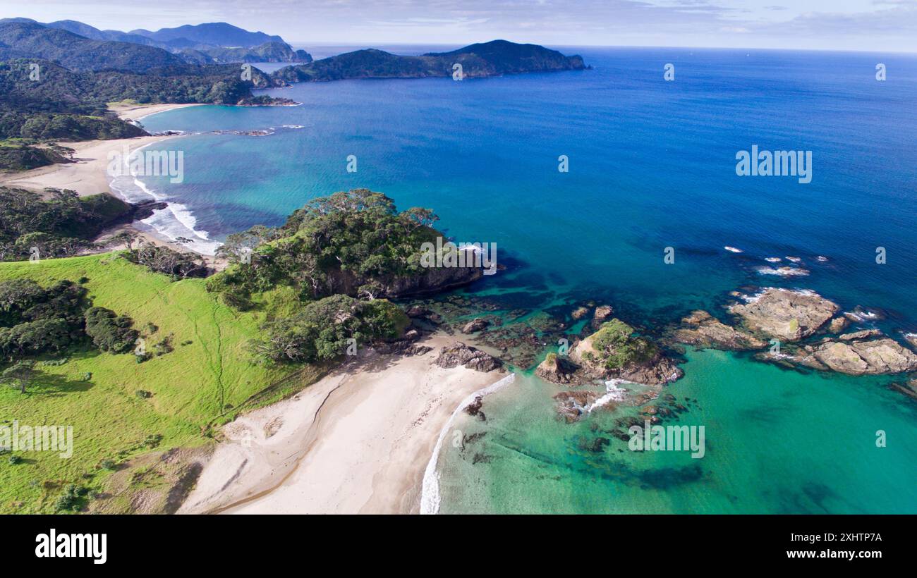 Aerial view of Elliot Bay, Pahi Bay and Umuheke Bay in Northland, New ...
