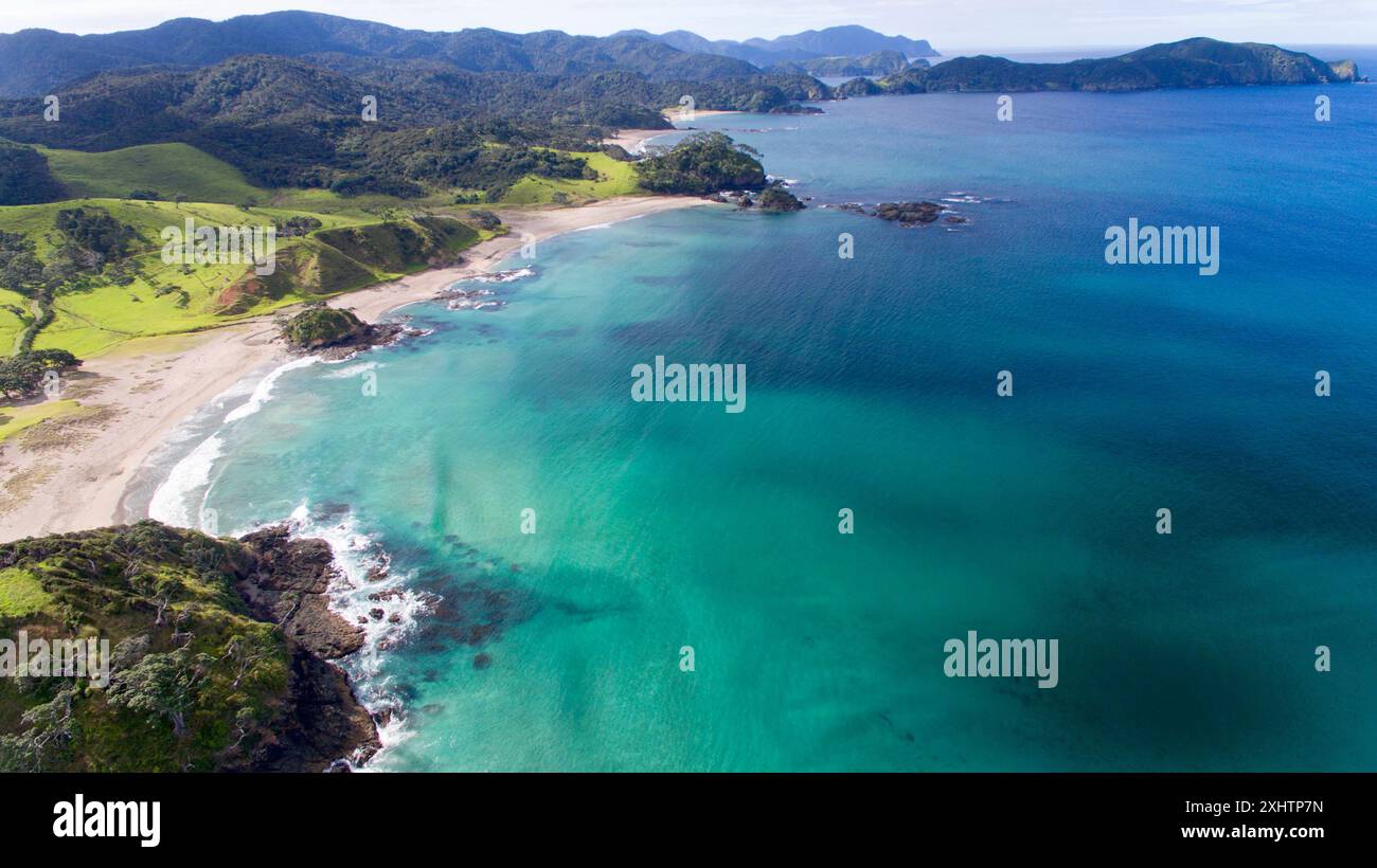 Aerial view of Elliot Bay, Pahi Bay and Umuheke Bay in Northland, New ...