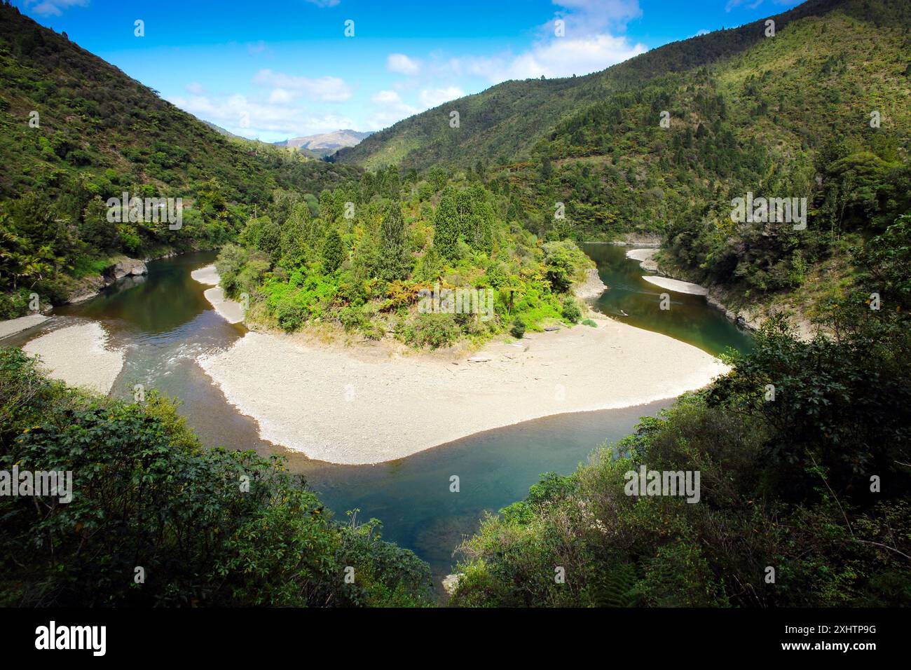 Aerial view of the Waioeka River in the Waioeka gorge, Bay of Plenty ...