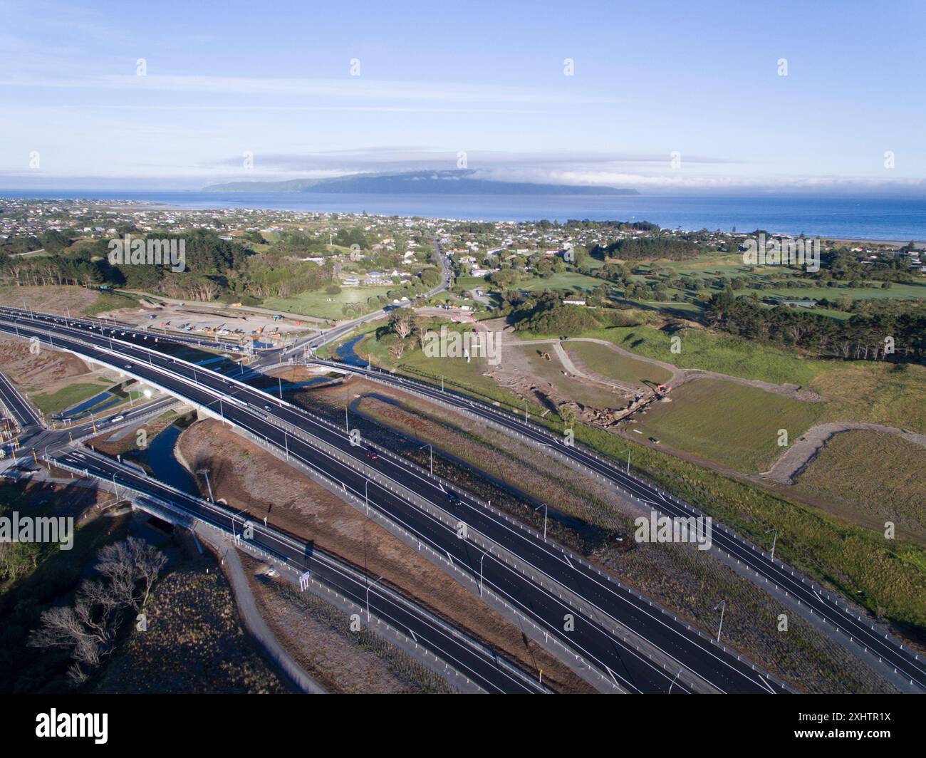 Aerial view of Kapiti expressway at Waikanae interchange, Kapiti, New ...