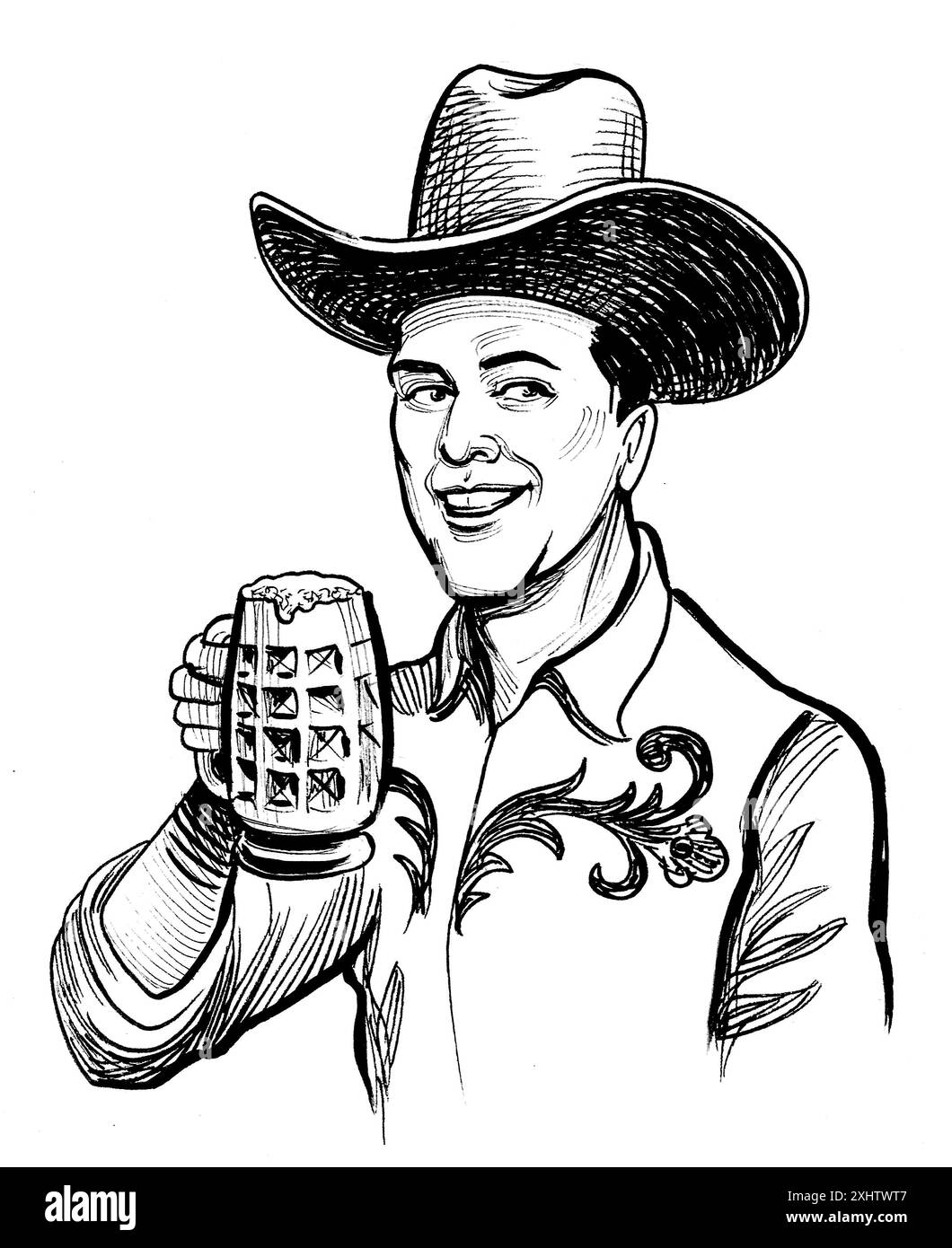 Happy cowboy drinking a mug of beer. Hand drawn retro styled ink black ...