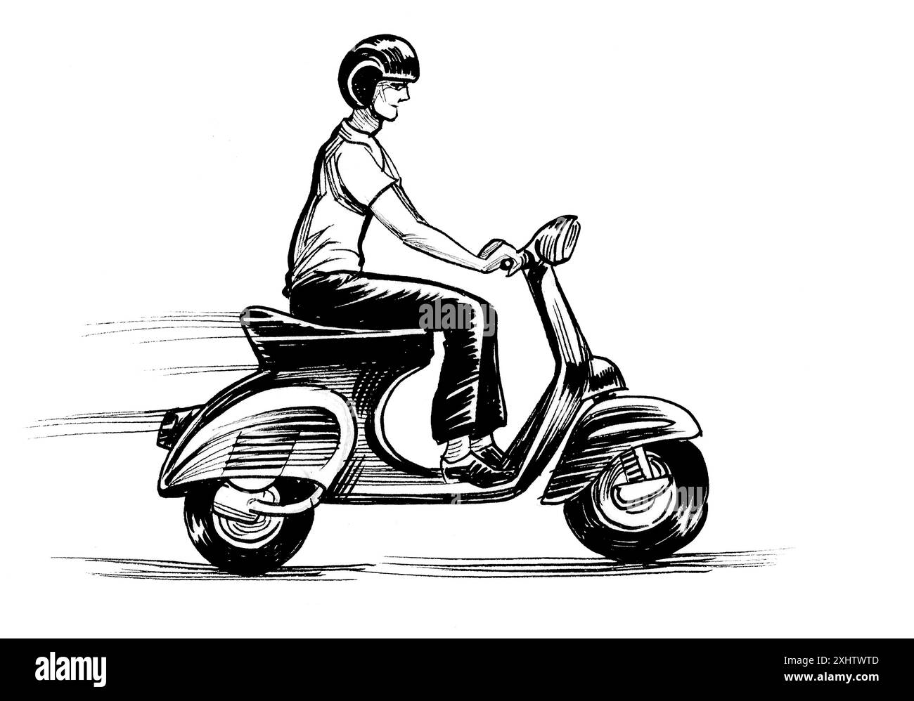 Young man riding a vintage scooter. Hand drawn retro styled ink black ...