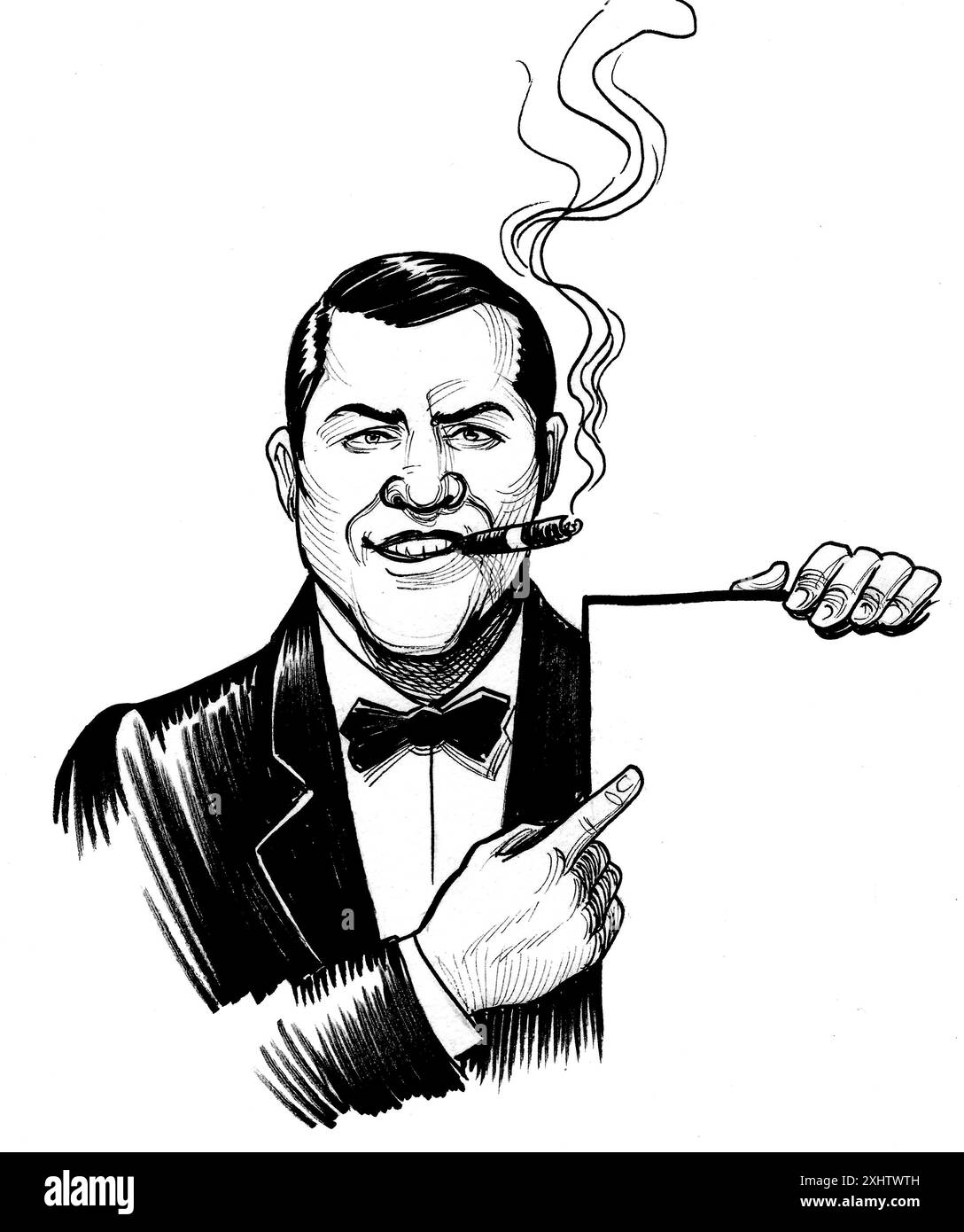 Rich man with a cigar pointing at blank sheet. Hand drawn retro styled ...
