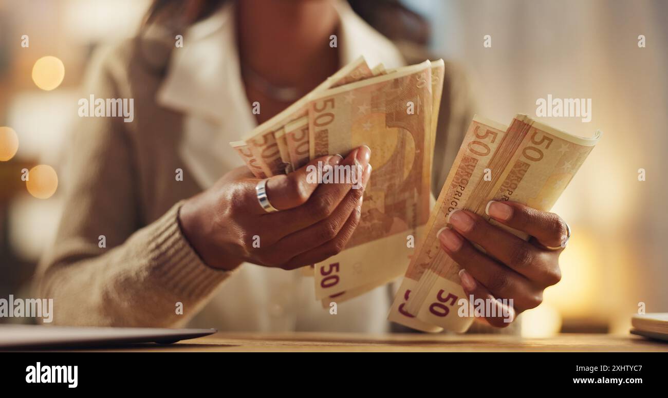 Woman, counting and hands with cash notes for planning budget ...