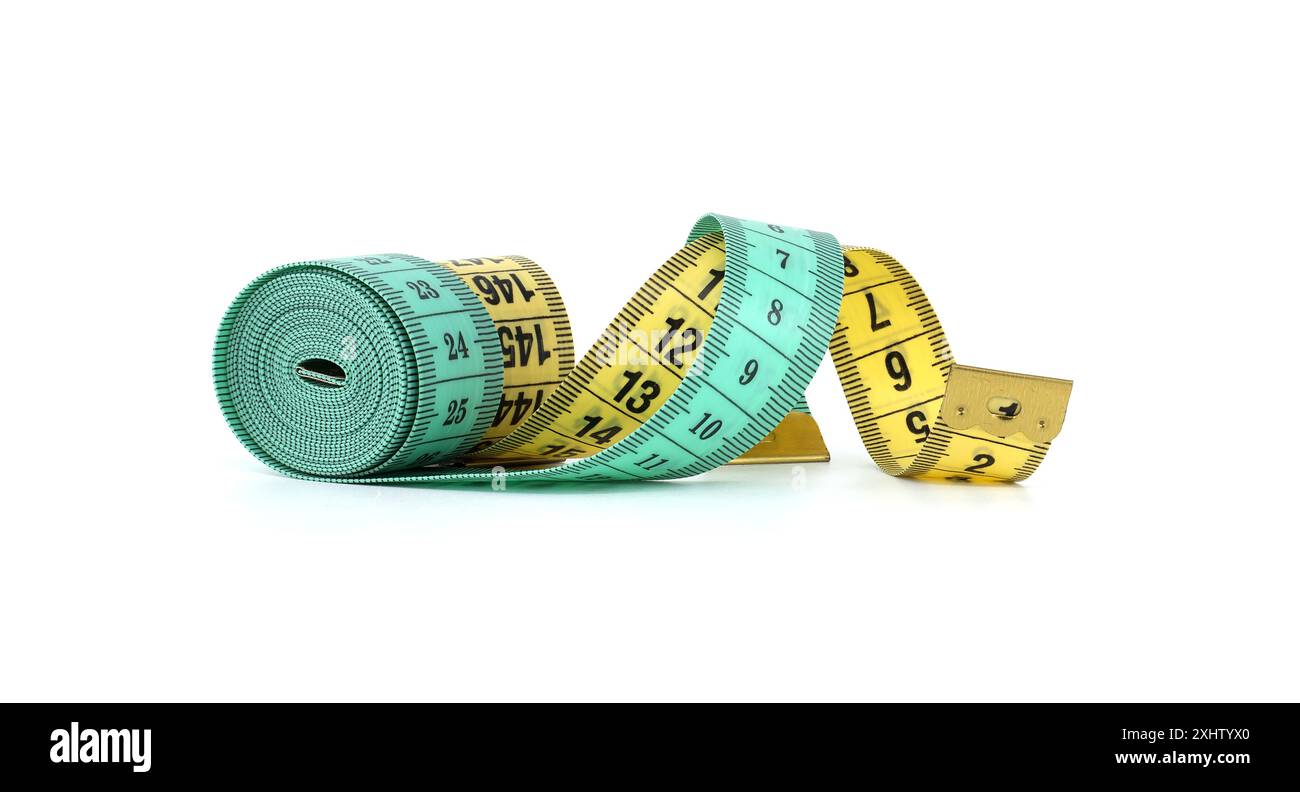 Yellow and green tape measure spirals creates a visual impression of ...