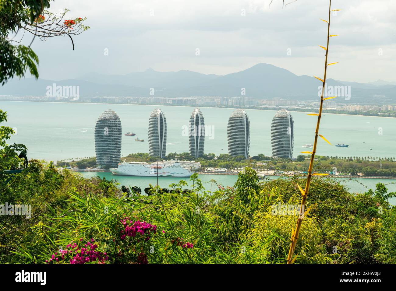 Hainan Sanya Bay urban architecture landscape. Luhuitou Park. Sanya bay ...