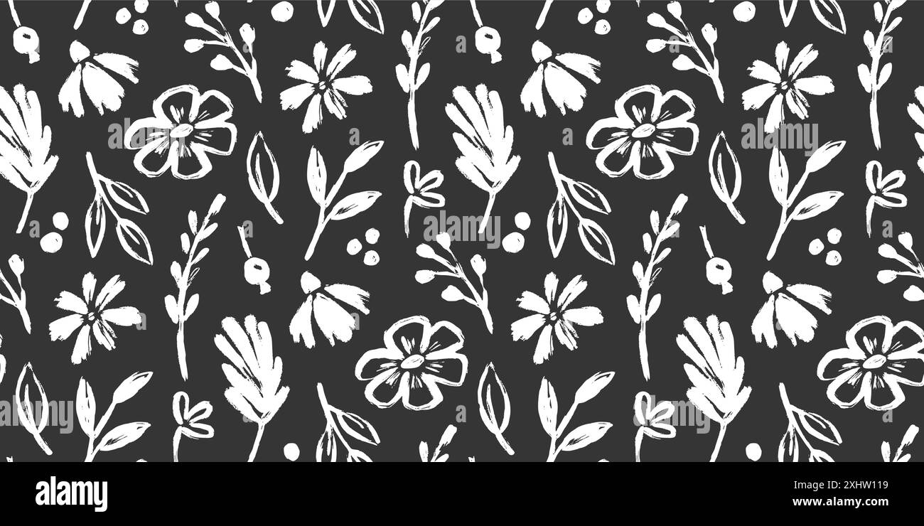 Flower brush seamless pattern. Floral abstract hand drawn brush paint ...