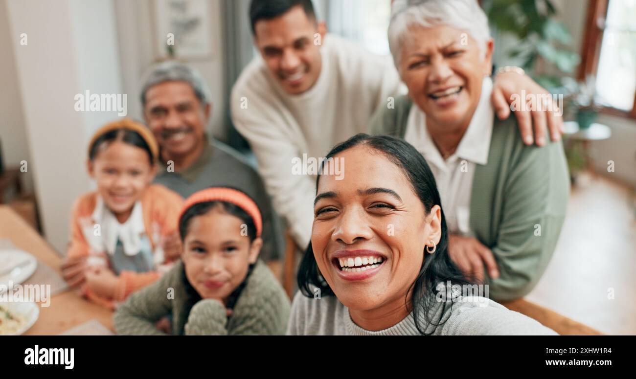 Family, house and happy with selfie for dinner in table for memories ...