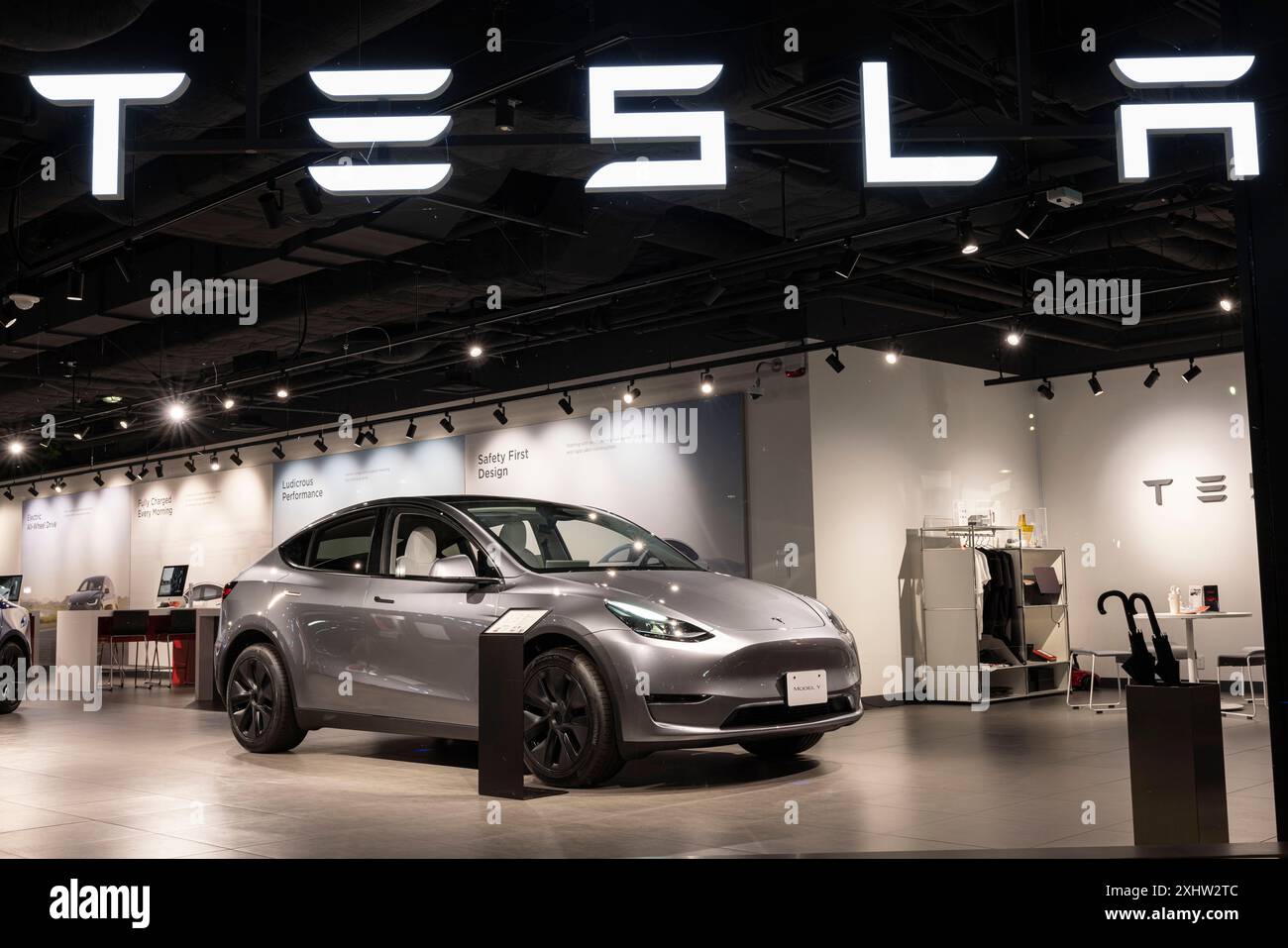 Tokyo, Japan. 11th July, 2024. Tesla model Y on display in a Tesla ...