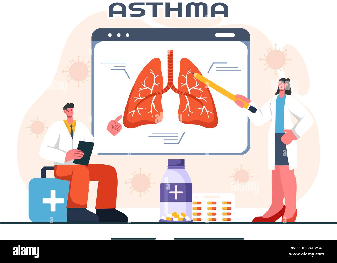 Asthma Disease Vector Illustration Featuring Human Lungs and Inhalers ...