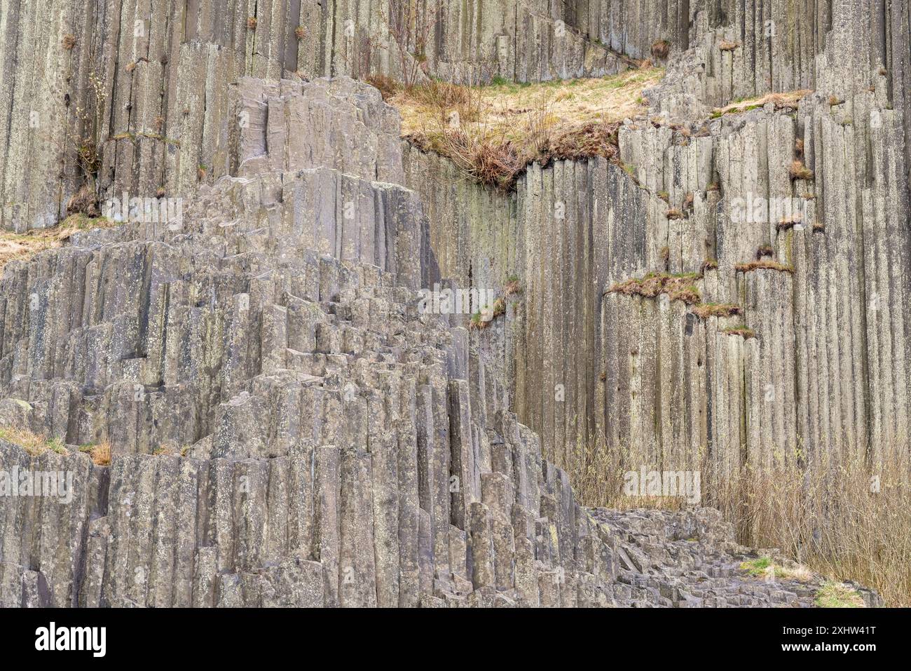 Tall and gray basalt columns. Basalt rock Panska Skala in Kamenice ...