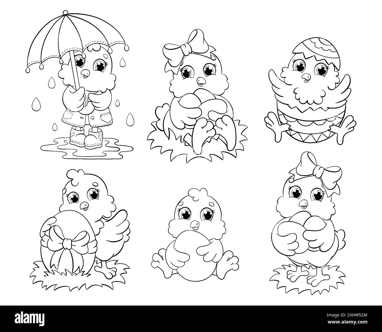 Set of cute Easter chickens. Coloring book page for kids. Cartoon style ...