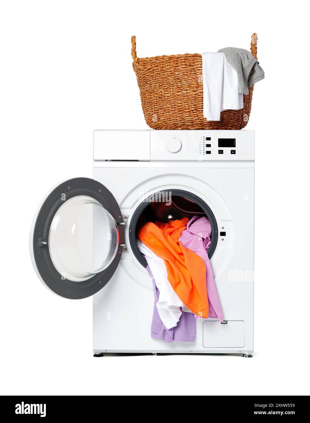 White Front Load Washing Machine With Clothes Inside and Laundry ...