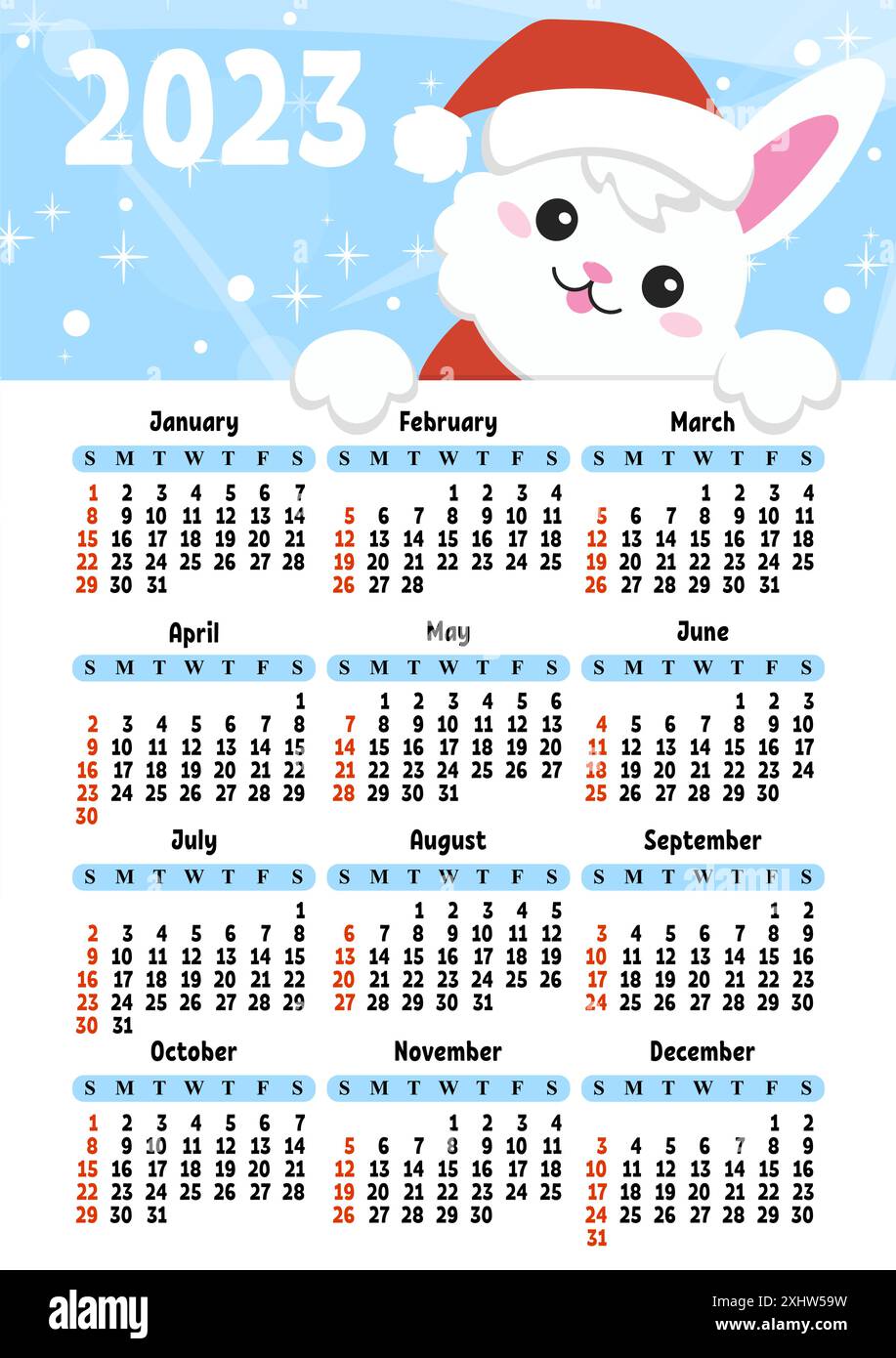 Color calendar for 2023 with a cute character rabbit. Week starts on ...