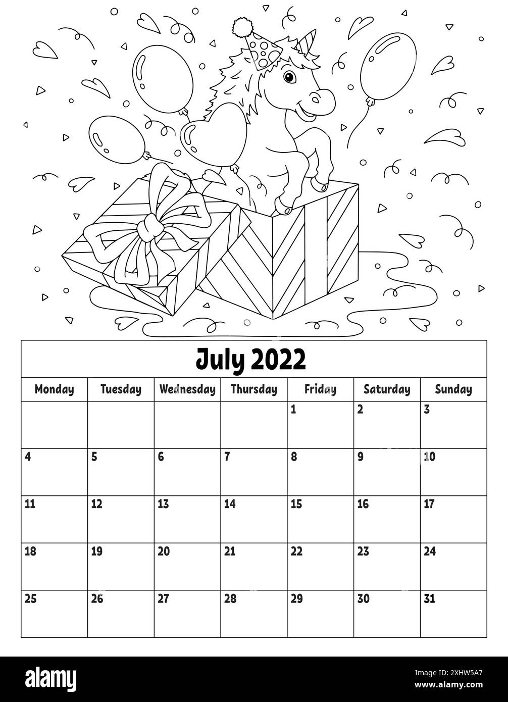 Vertical calendar for 2022 with a cute character. Coloring page for ...